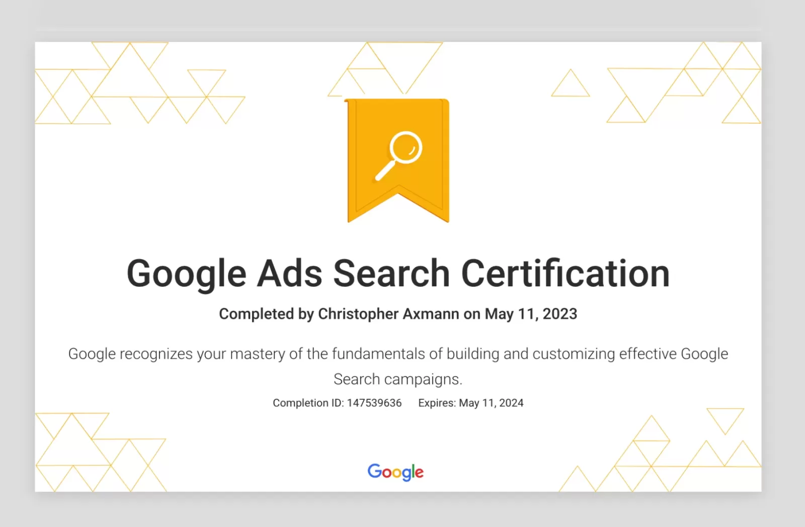Google Ads Search Certification - christopher.media